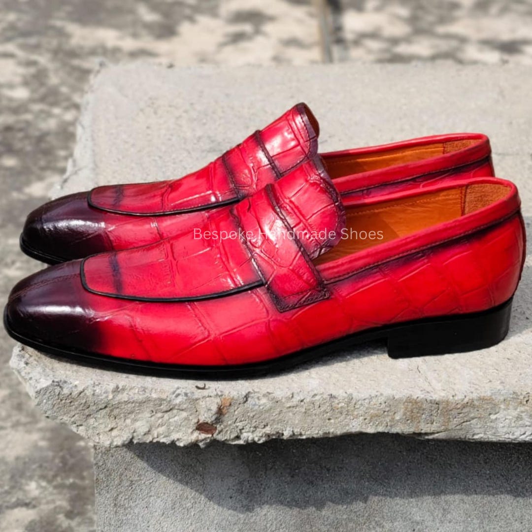 Handmade Men's Genuine Red Croc Print Leather Loafer Moccasin Slip on ...