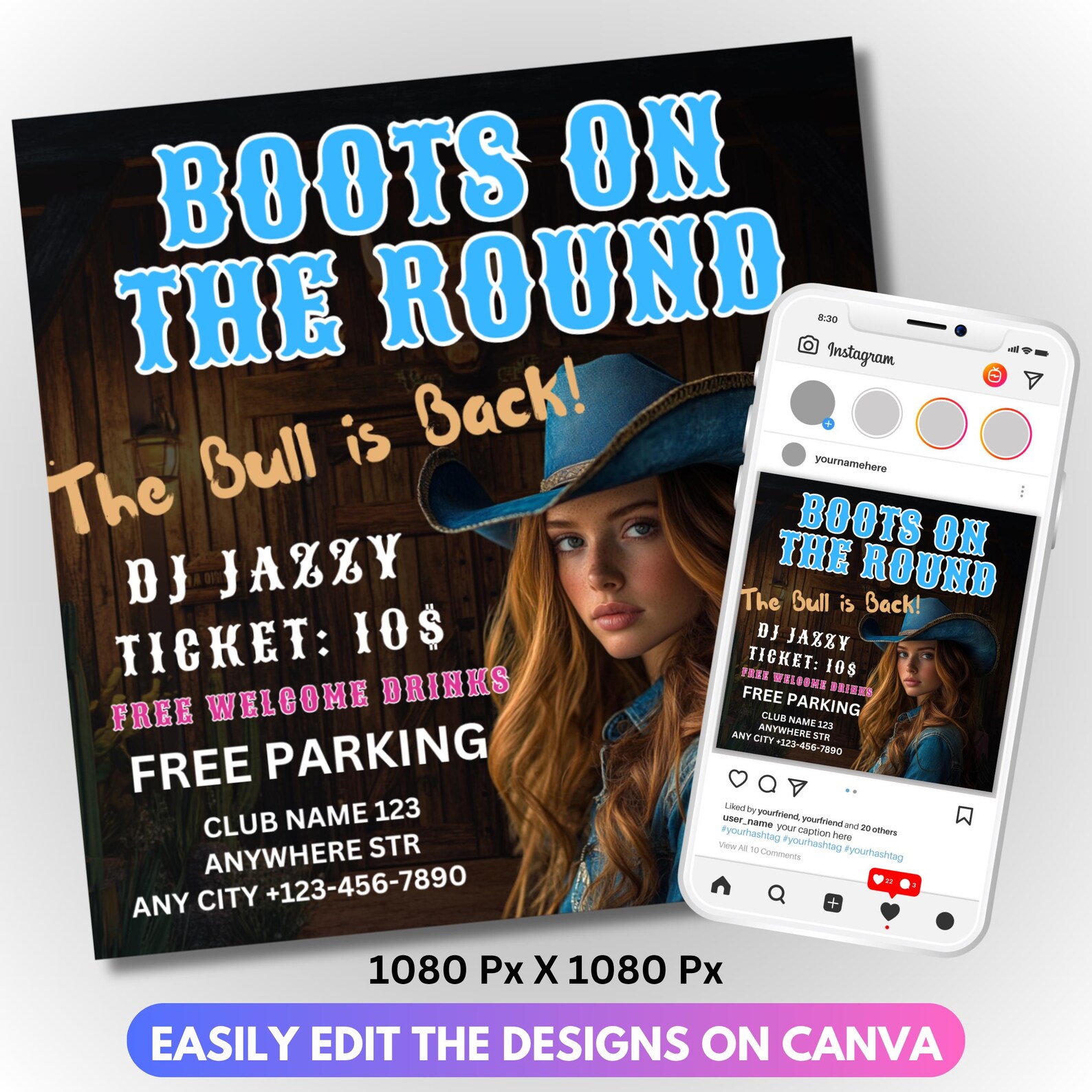 Dukes and Boots Party Flyer Canva Editable Template, Western Rodeo ...