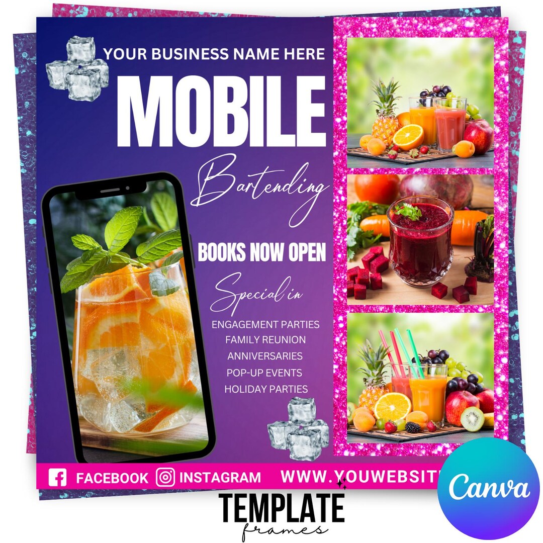 Mobile Bartending Flyer Canva Editable Template, Event Planning Rental ...