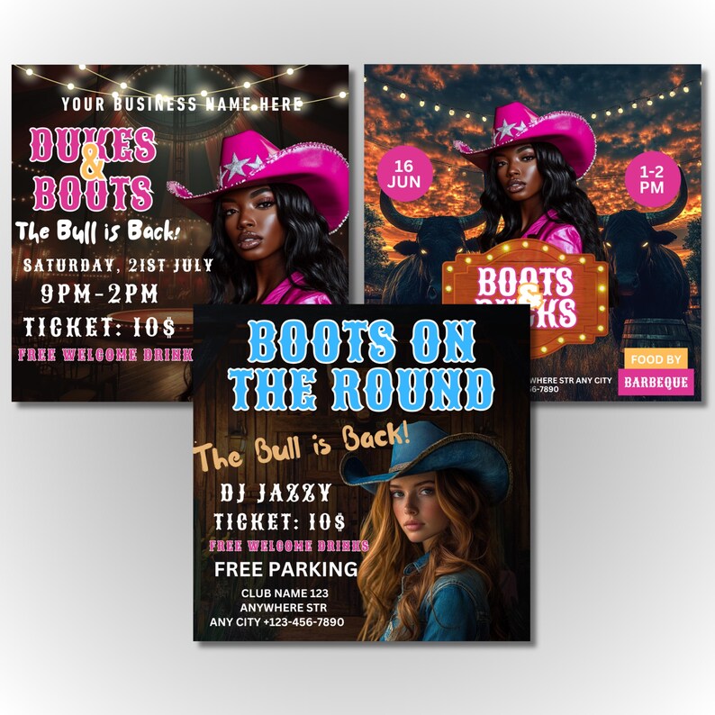 Dukes and Boots Party Flyer Canva Editable Template, Western Rodeo ...