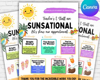 Teacher and Staff Appreciation Weekly Menu Sun Themed Week Editable ...