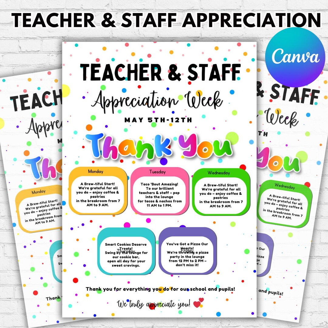 Teacher and Staff Appreciation Weekly Menu Template, Itinerary Poster ...