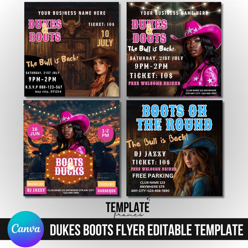Dukes and Boots Party Flyer Canva Editable Template, Western Rodeo ...