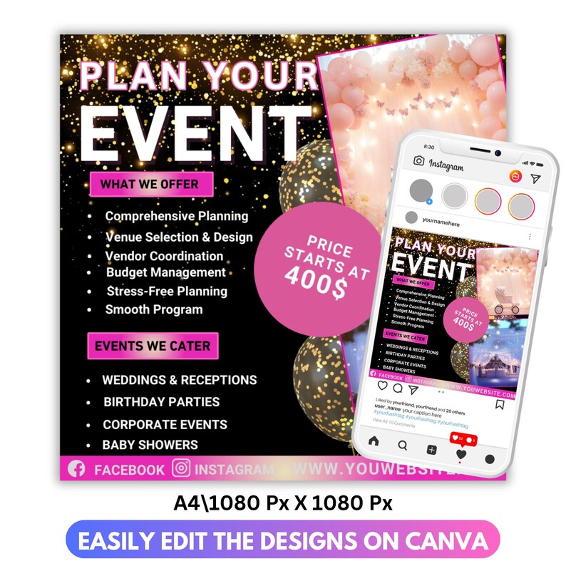 Event Planner Flyer Canva Editable Template, Wedding Planner Flyer ...
