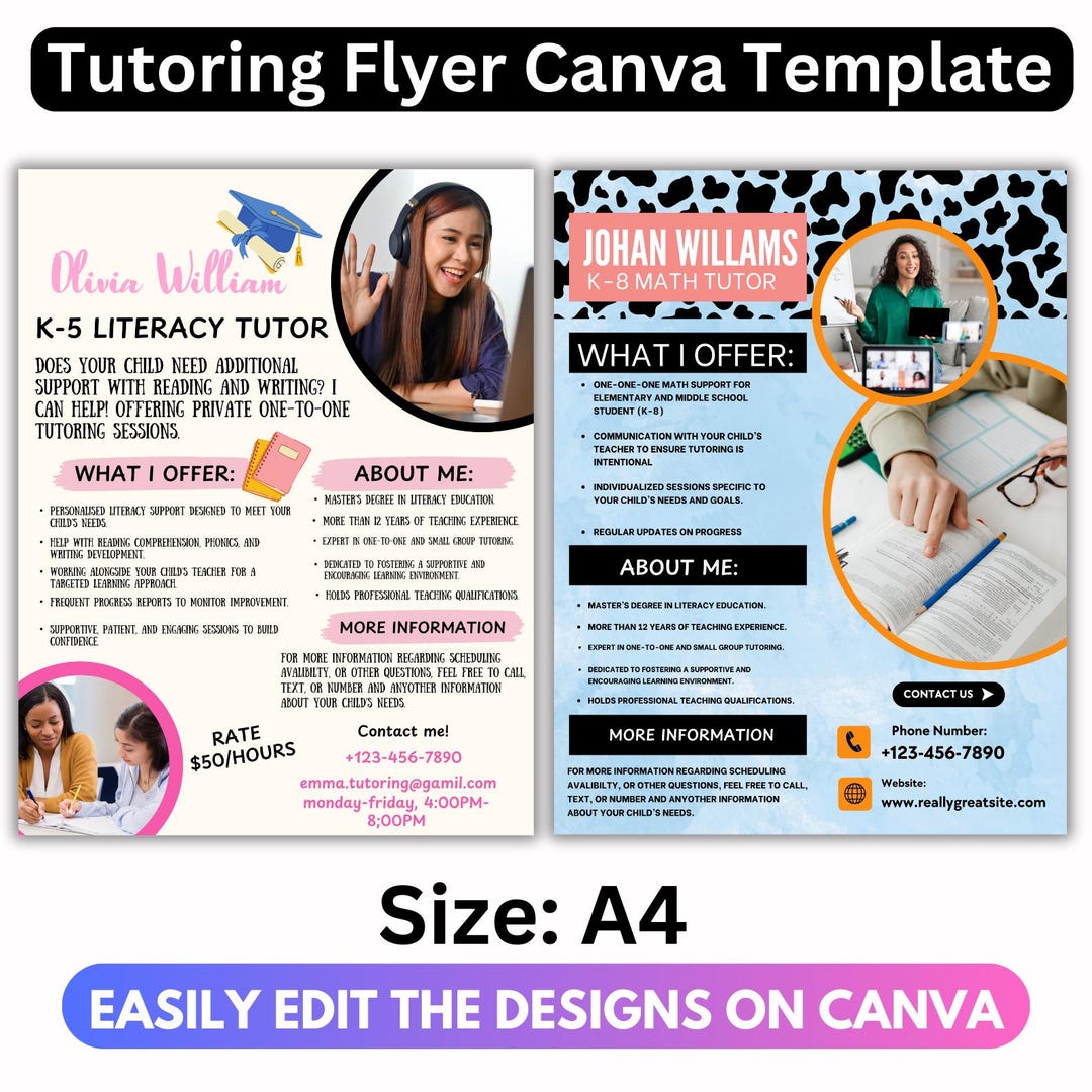 Editable Tutoring Flyer Canva, Summer School Tutor, Elementary Tutor ...