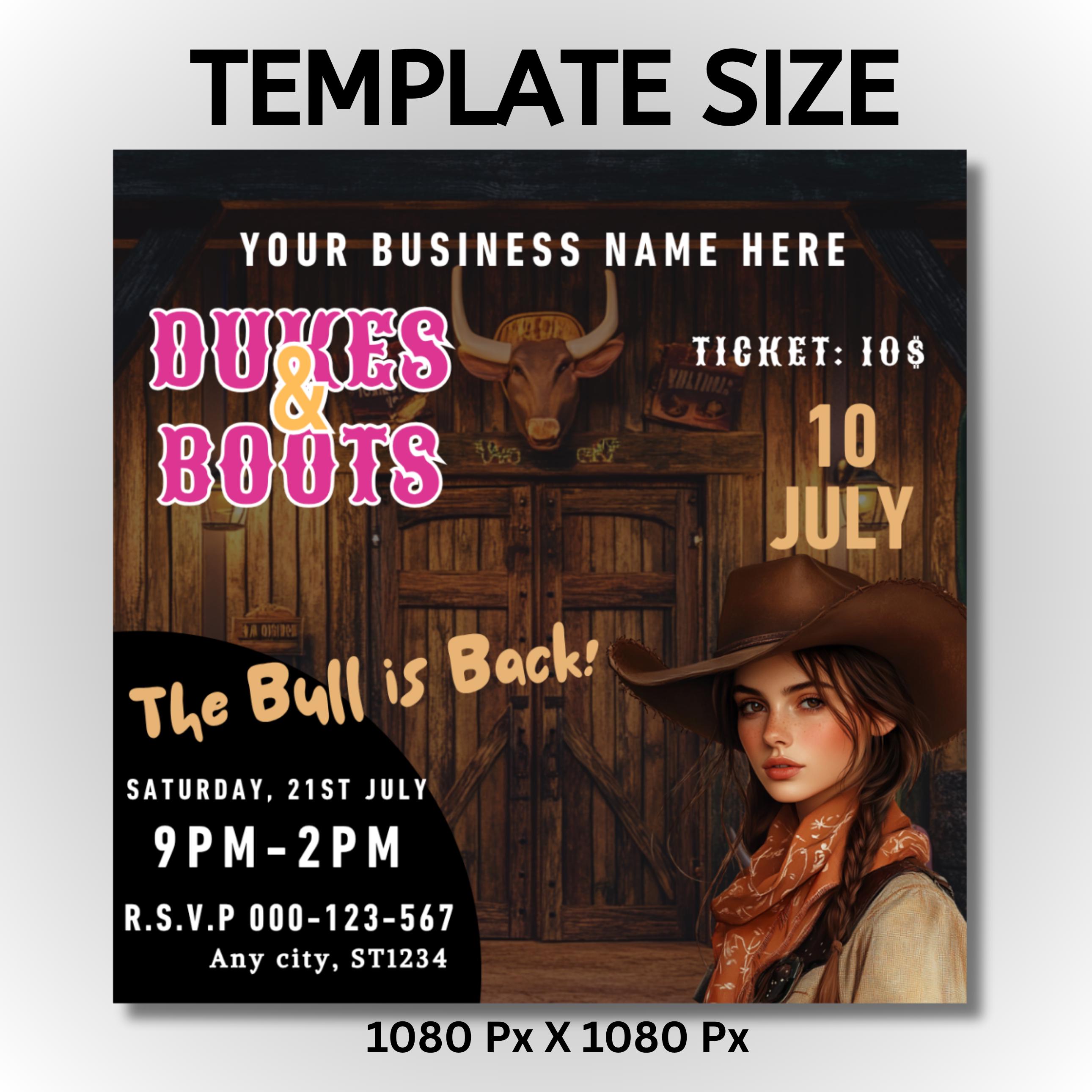 Dukes and Boots Party Flyer Canva Editable Template, Western Rodeo ...