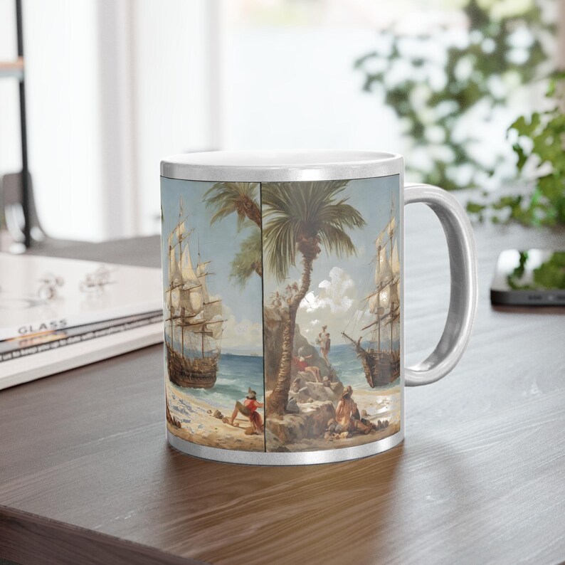 Metallic Mug, Pirate Ship Sailing Coastal Waters, Nautical Coffee Cup ...
