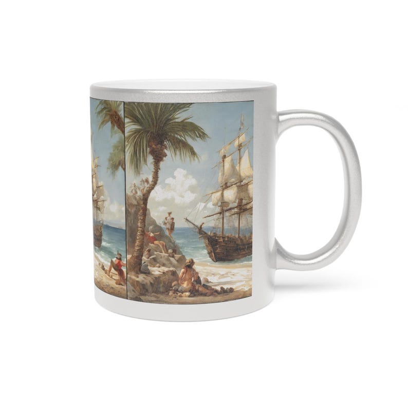Metallic Mug, Pirate Ship Sailing Coastal Waters, Nautical Coffee Cup ...