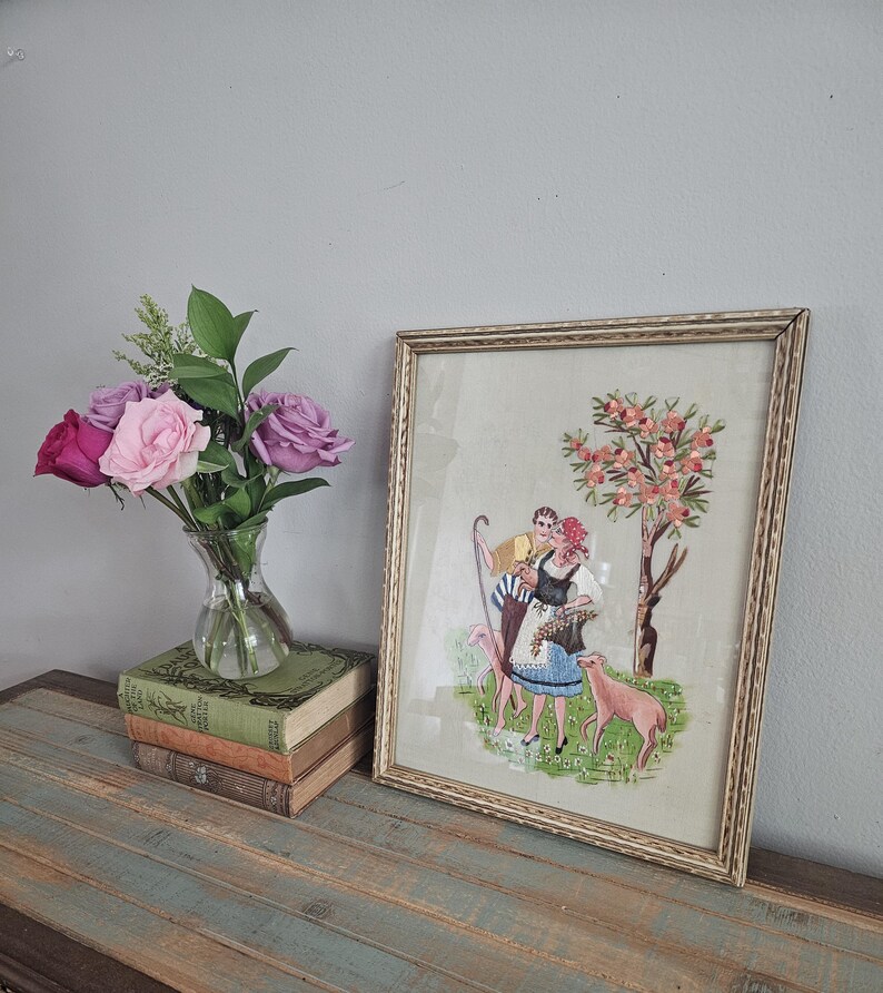 Vintage Framed Embroidery Painting on Silk - Vintage Frame - 1940s ...
