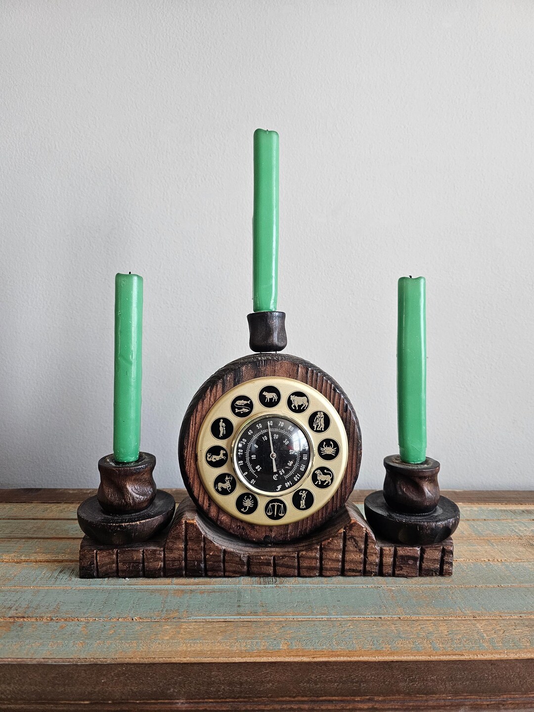Vintage Zodiac Astrology Barometer Set in a Hand Carved Wooden ...