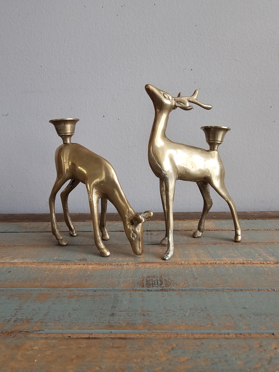 Mid Century Set of 2 Brass Deer Candlestick Holders - Vintage Stag and ...