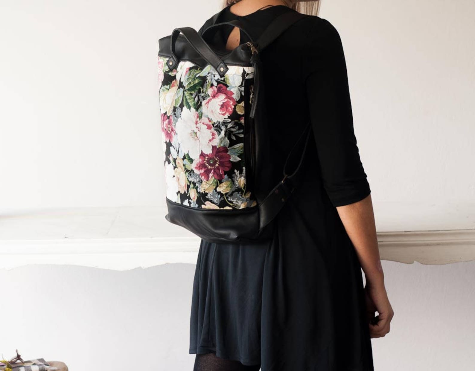 Floral Backpack With Black Leather and Canvas Woman Backpack - Etsy
