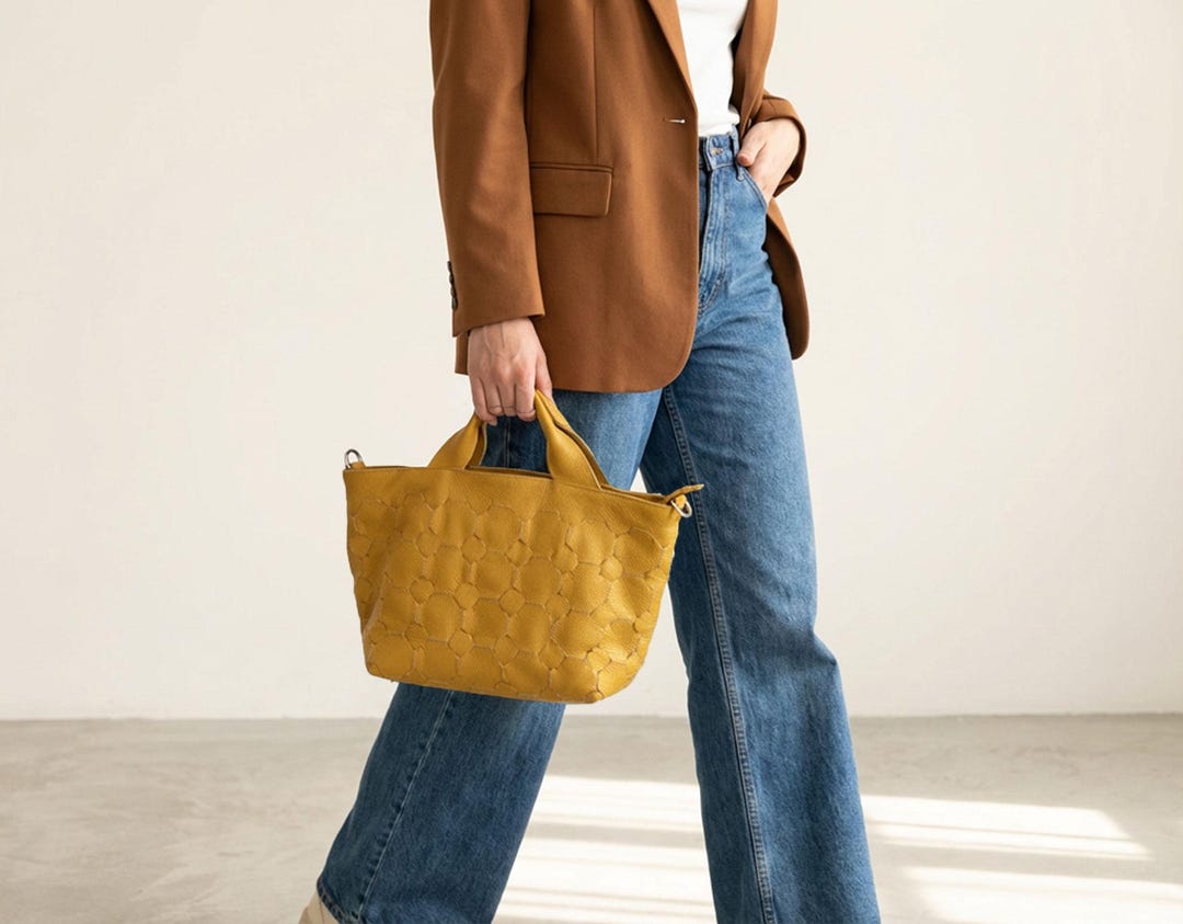 Mustard Yellow Handwoven Leather Tote, Small Shoulder Bag With Strap ...