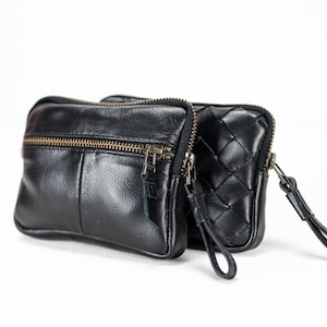 Black Leather Small Wallet, Coin Pouch Zipper Pocket Passport Hand ...