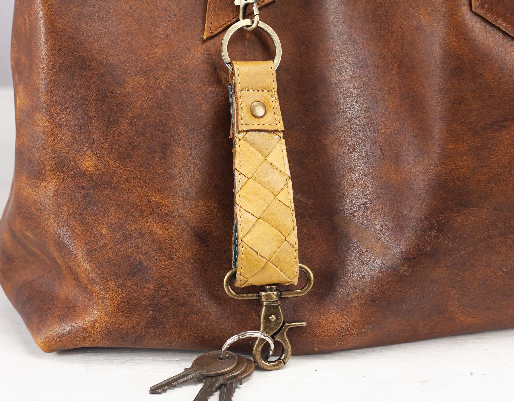 Mustard yellow leather handwoven key fob clip keyring loop | Etsy