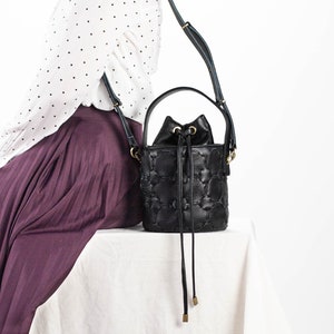 Black Mini Bucket Bag in Pebbled Leather, Drawstring Bag Small Purse ...