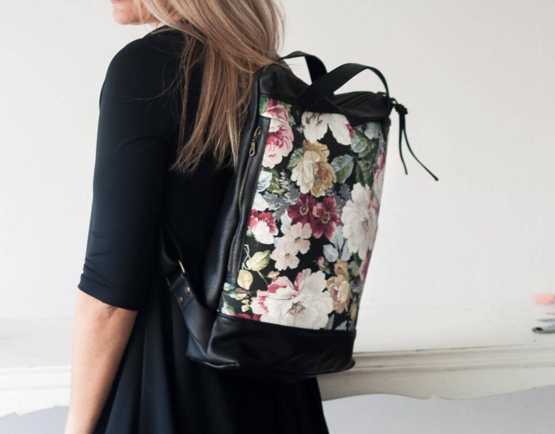 Floral Backpack With Black Leather and Canvas Woman Backpack | Etsy