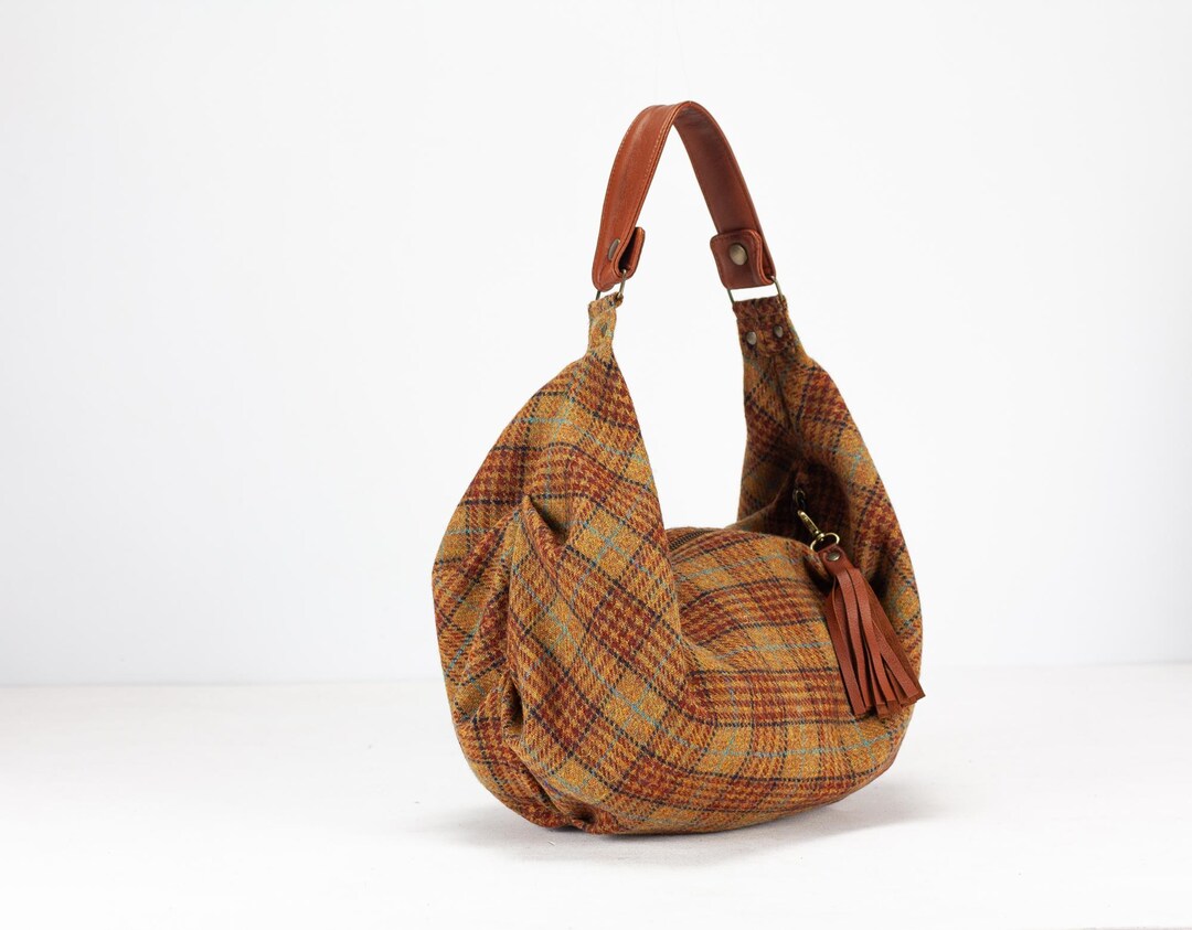 Plaid Wool Hobo Bag: Brown Leather Slouch Shoulder Purse - Etsy