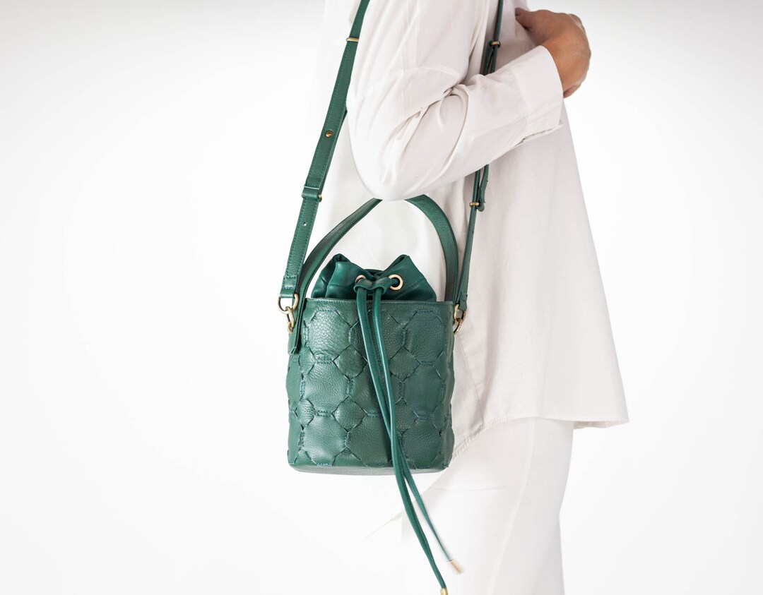 Petrol Green Mini Bucket Bag in Pebbled Leather, Drawstring Bag Small ...