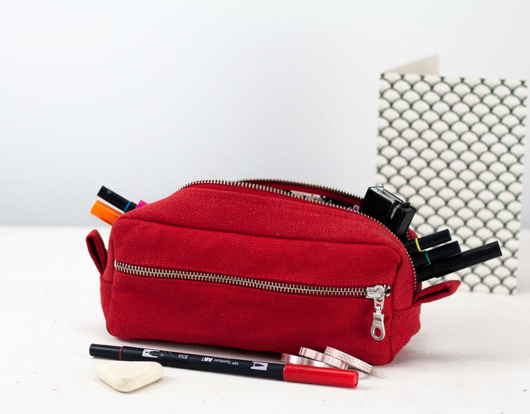Pencils Case in Red Cotton Canvas Pencils Case, Makeup Bag Rectangular ...