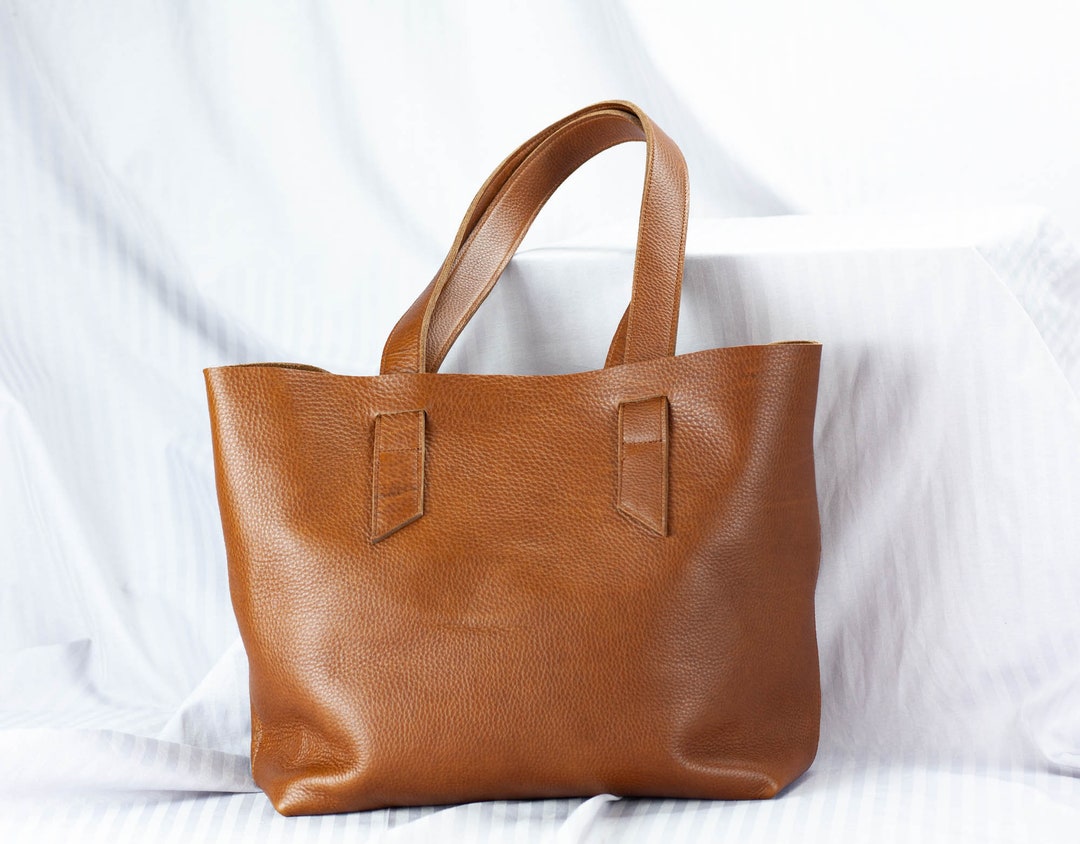 Brown Leather Tote, Unlined Large Bag Shopper Market Everyday Purse Raw ...