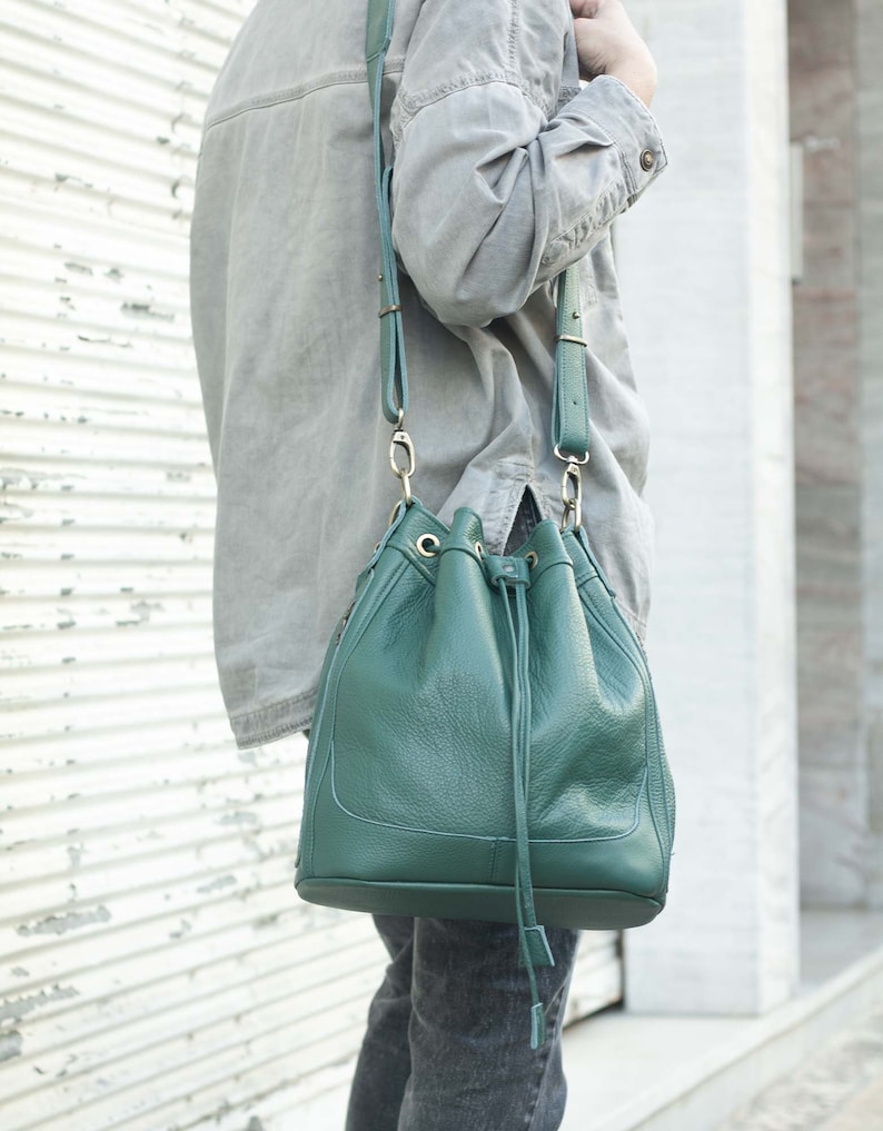 Leather Bucket Bag in Petrol Green, Drawstring Bag Medium Purse Womens ...
