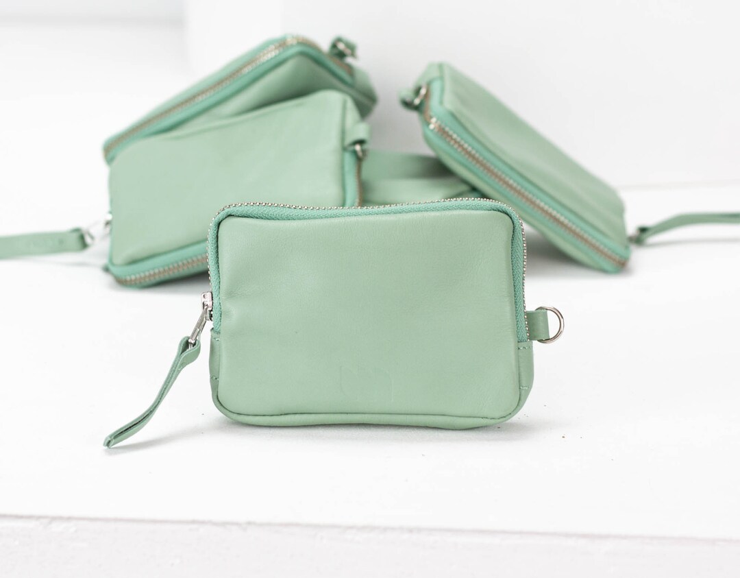 Zipper Pouch in Mint Green Leather, Coin Purse Zipper Phone Case Money ...