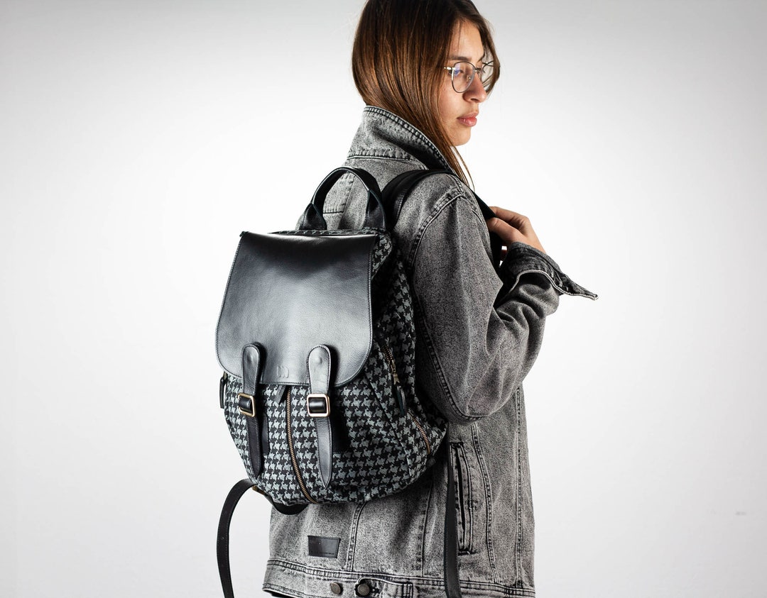Travel Backpack in Black Leather and Black Houndstooth Jeans, Back Bag ...