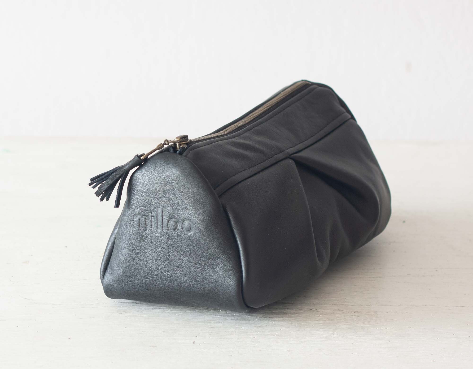 Black Leather Accessory Bag Pencil Case Makeup Cosmetic Bag | Etsy