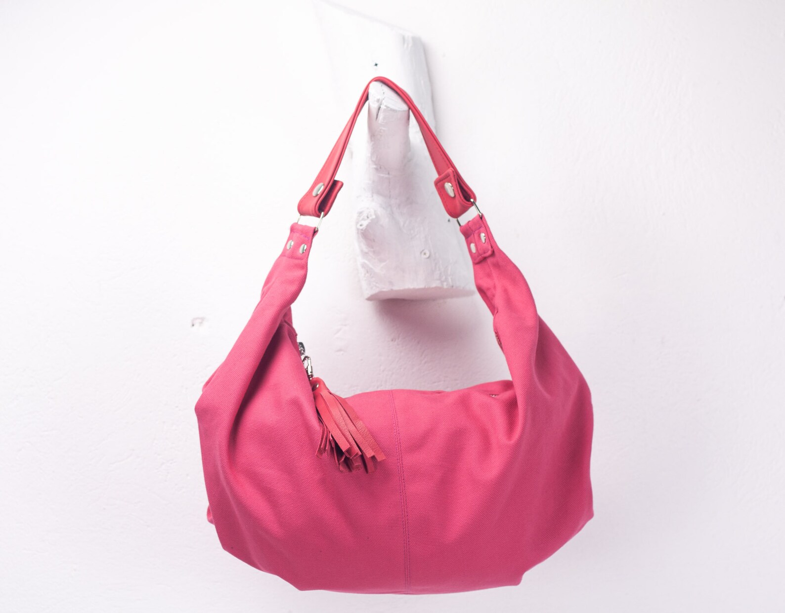 Hobo Shoulder Bag in Pink Canvas and Leather Hobo Slouchy - Etsy