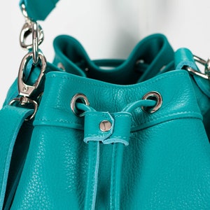 Turquoise Bucket Bag in Pebbled Leather, Drawstring Bag Medium Purse ...