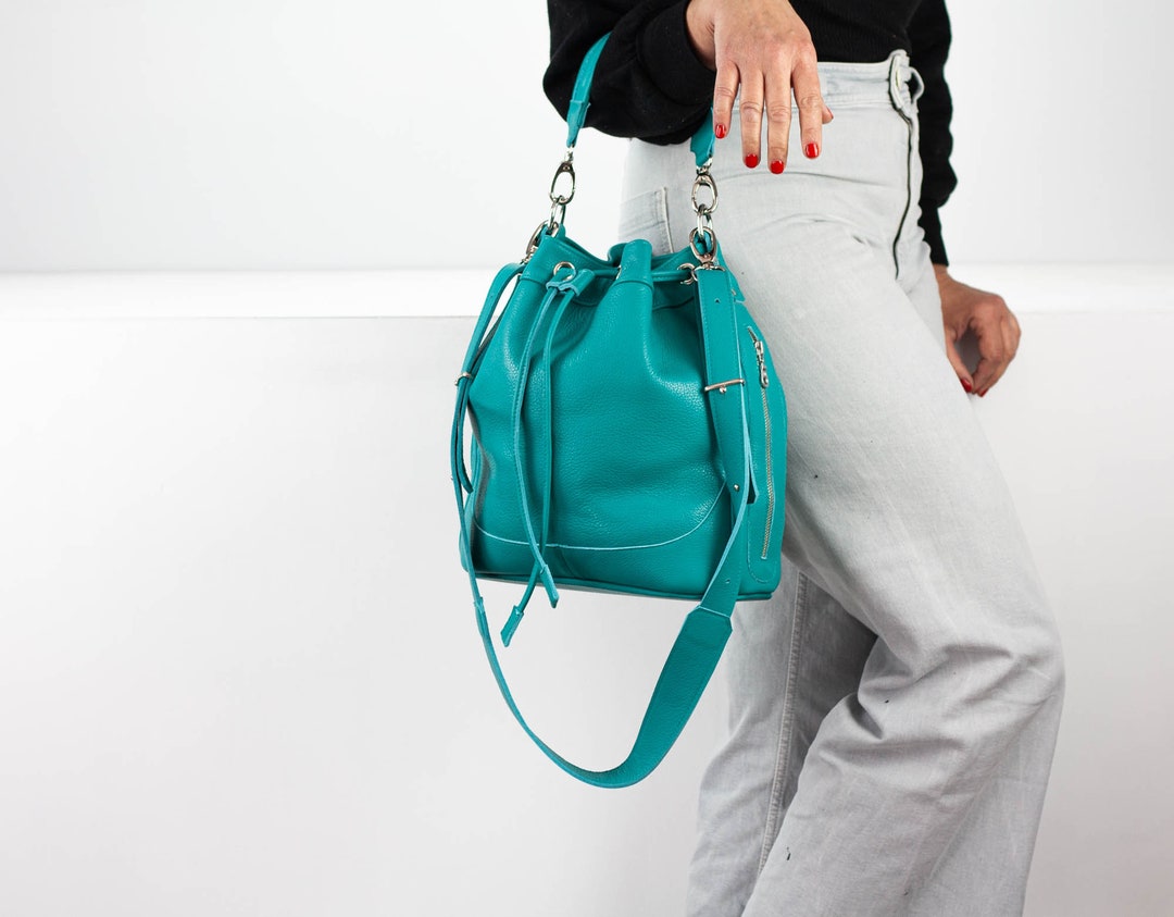 Turquoise Bucket Bag in Pebbled Leather, Drawstring Bag Medium Purse ...