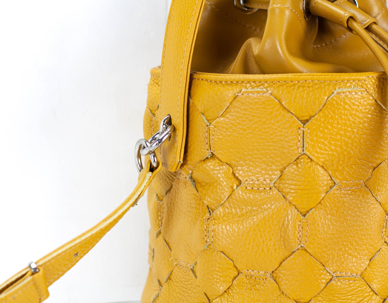 Yellow Mini Bucket Bag in Pebbled Leather, Drawstring Bag Small Purse ...
