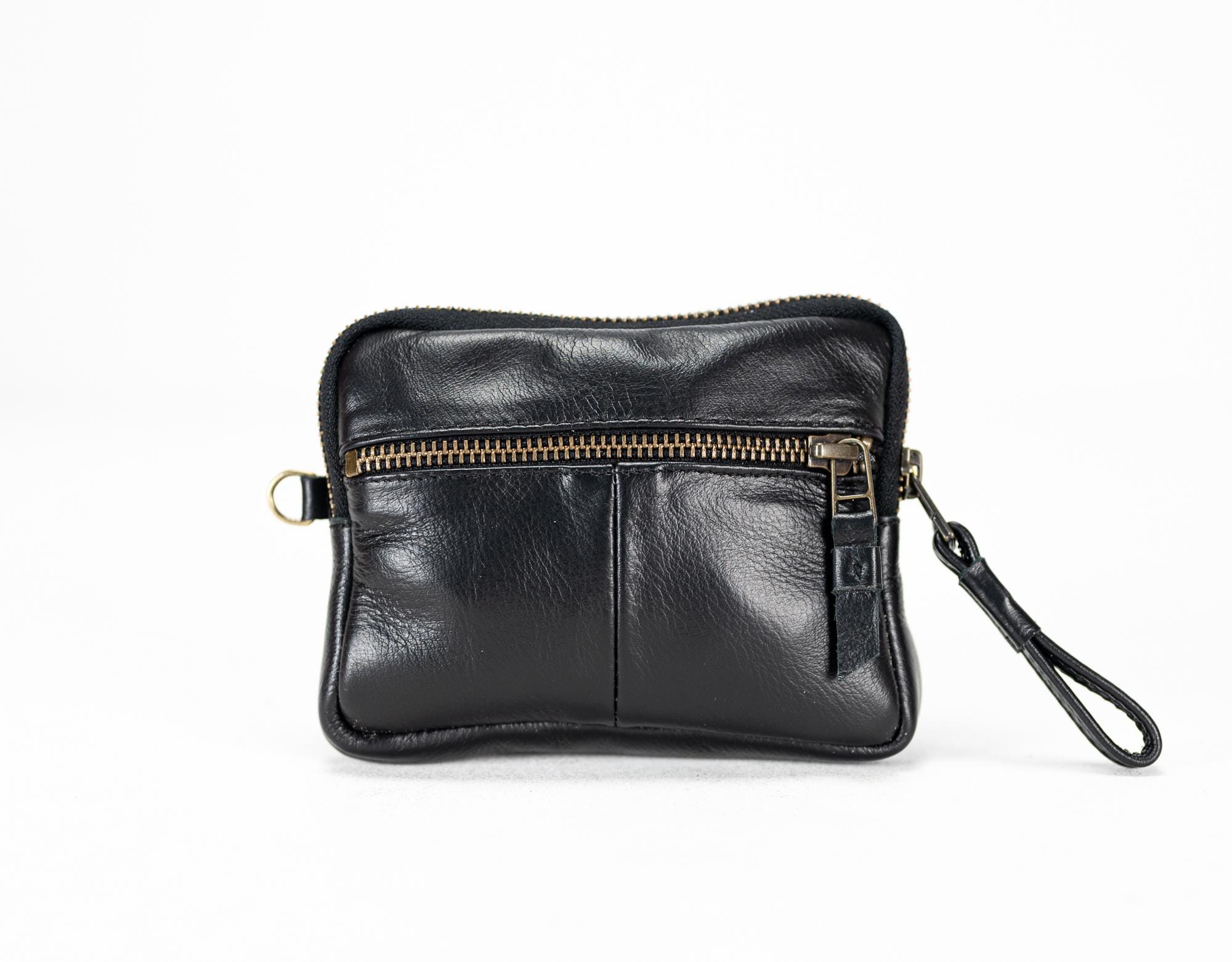 Black Leather Small Wallet, Coin Pouch Zipper Pocket Passport Hand ...