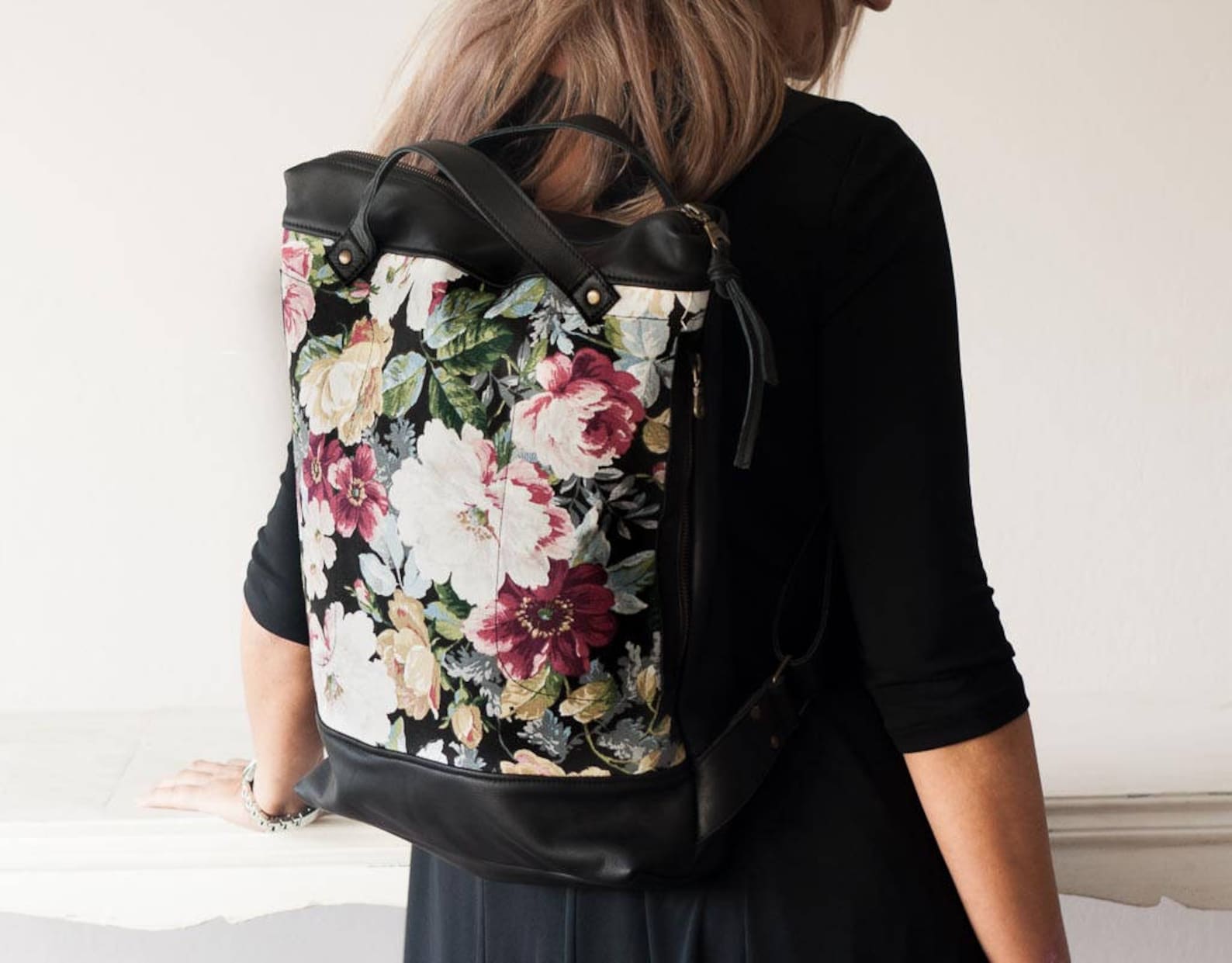 Floral Backpack With Black Leather and Canvas Woman Backpack - Etsy