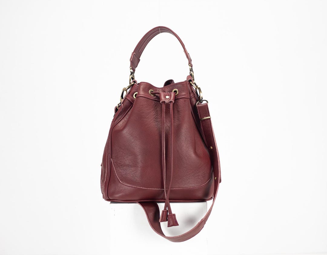 Drawstring Bucket Bag in Burgundy Leather, Medium Purse Womens Cinch ...