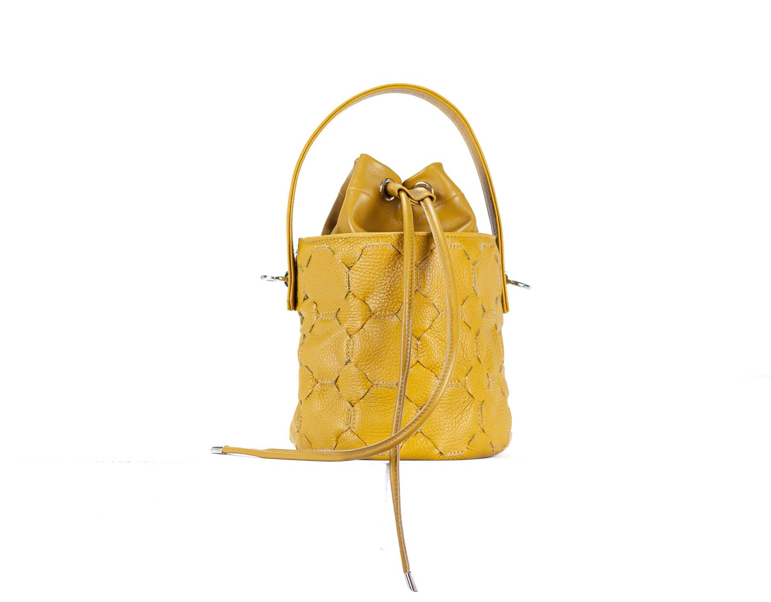 Yellow Mini Bucket Bag in Pebbled Leather, Drawstring Bag Small Purse ...
