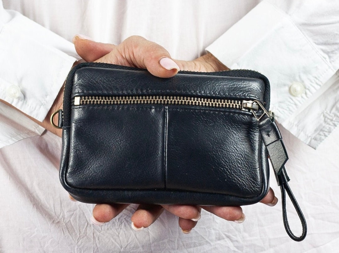 Black Leather Small Wallet, Coin Pouch Zipper Pocket Passport Hand ...