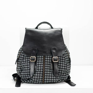 Travel Backpack in Black Leather and Black Houndstooth Jeans, Back Bag ...