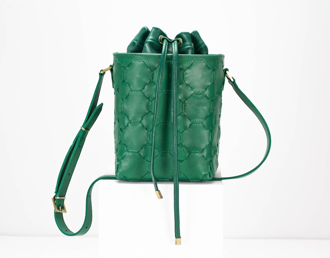 Jade Green Square Bucket Bag in Pebbled Leather, Drawstring Bag Medium ...