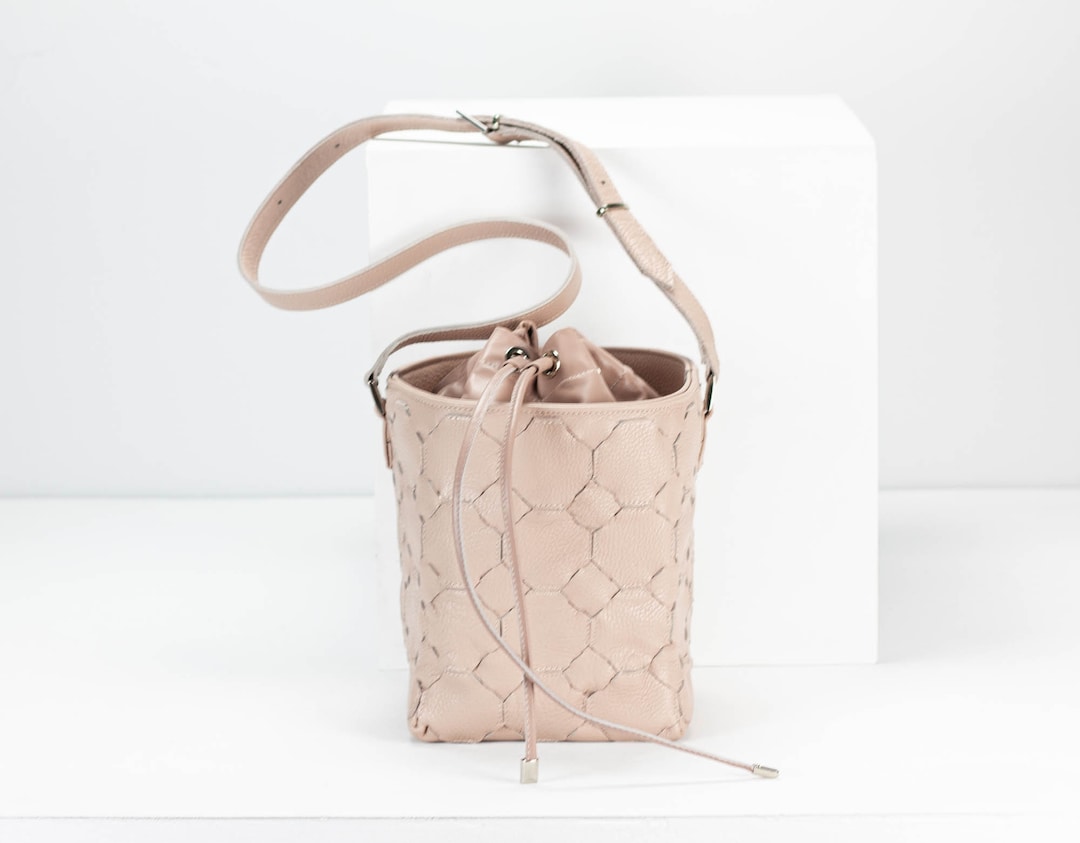 Powder Pink Square Bucket Bag in Pebbled Leather, Drawstring Bag Medium ...