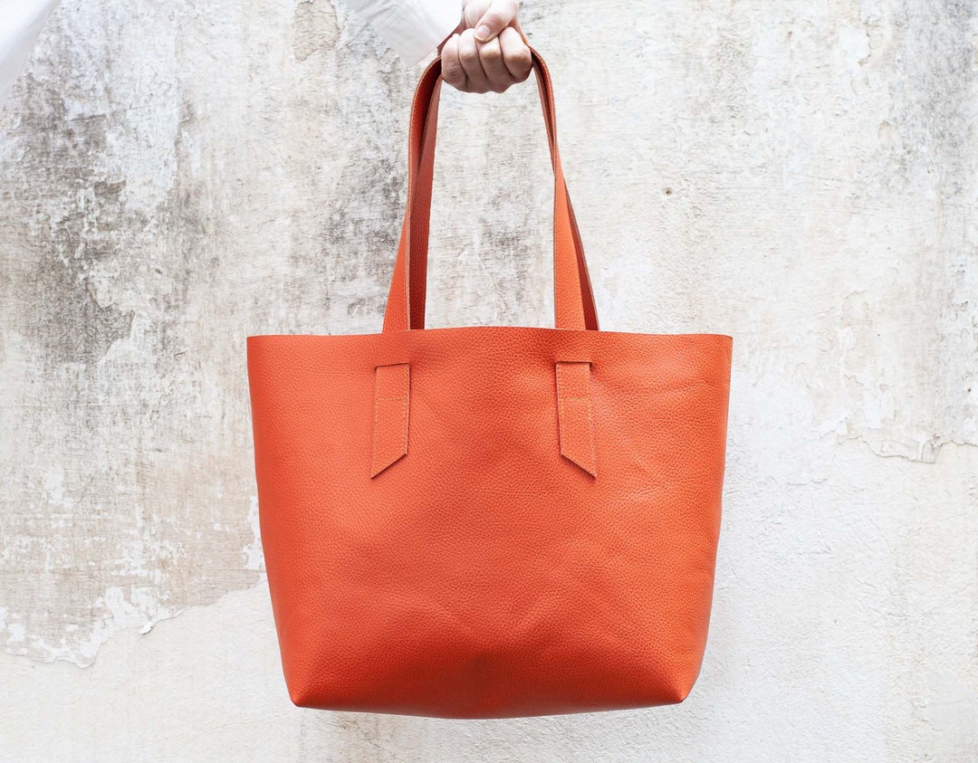 Orange Leather Tote Bag, Raw Edge Leather Purse Shopper Bag Shoulder ...