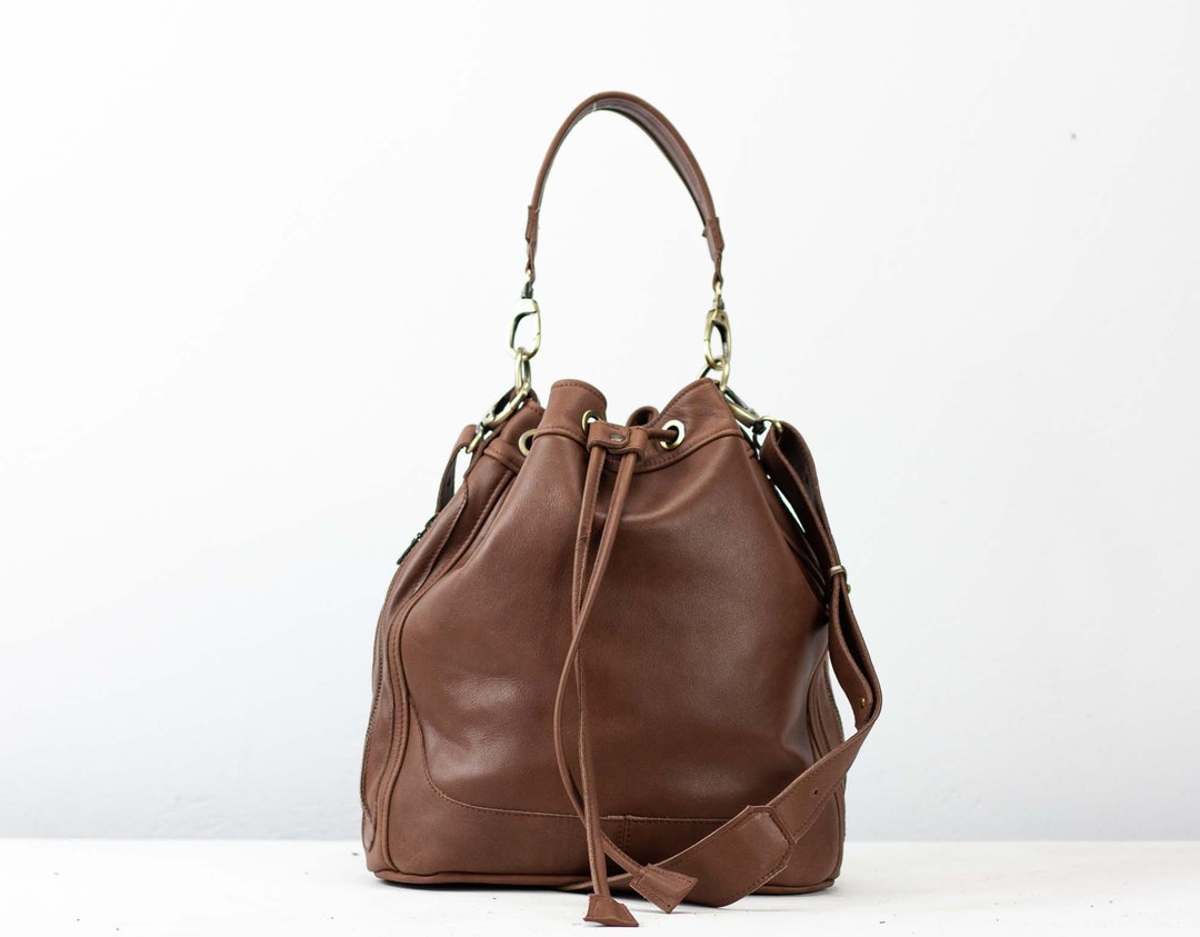 Bucket Bag in Chocolate Brown Leather, Drawstring Bag Medium Purse ...