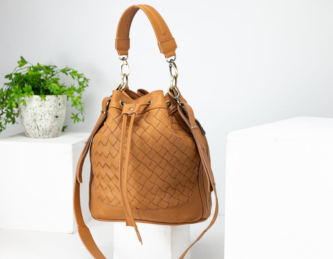 Leather Bucket Bag in Hand Woven Tabac Brown, Drawstring Bag Medium ...