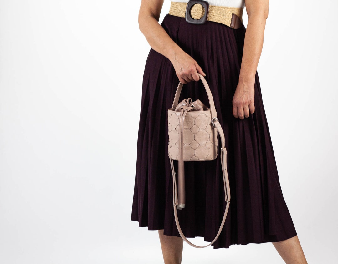 Powder Pink Mini Bucket Bag in Pebbled Leather, Drawstring Bag Small ...