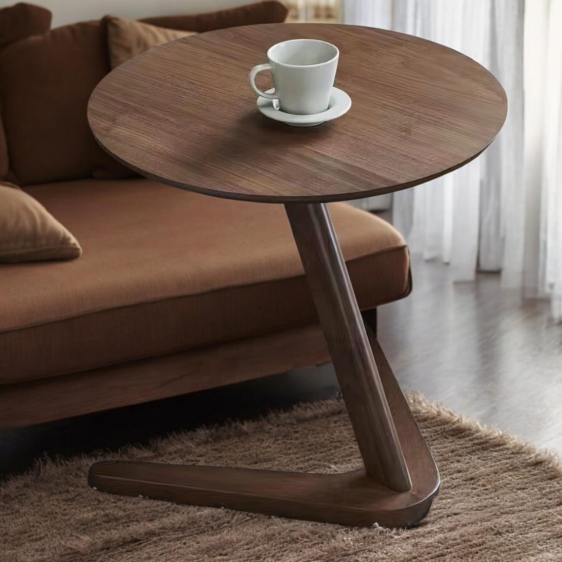 Rustic Walnut Wooden Round Coffee Table for Sofa Table Living Room Easy ...