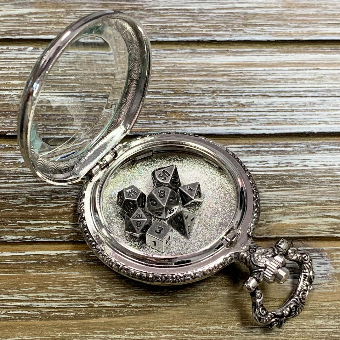 Steampunk Dice Set - Silver Pocket Watch Shell With Micro Dice & Chain ...