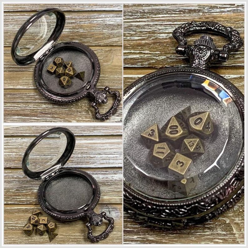 Gunmetal Pocket Watch Shell With Micro Polyhedral Dice Set (~5mm ...