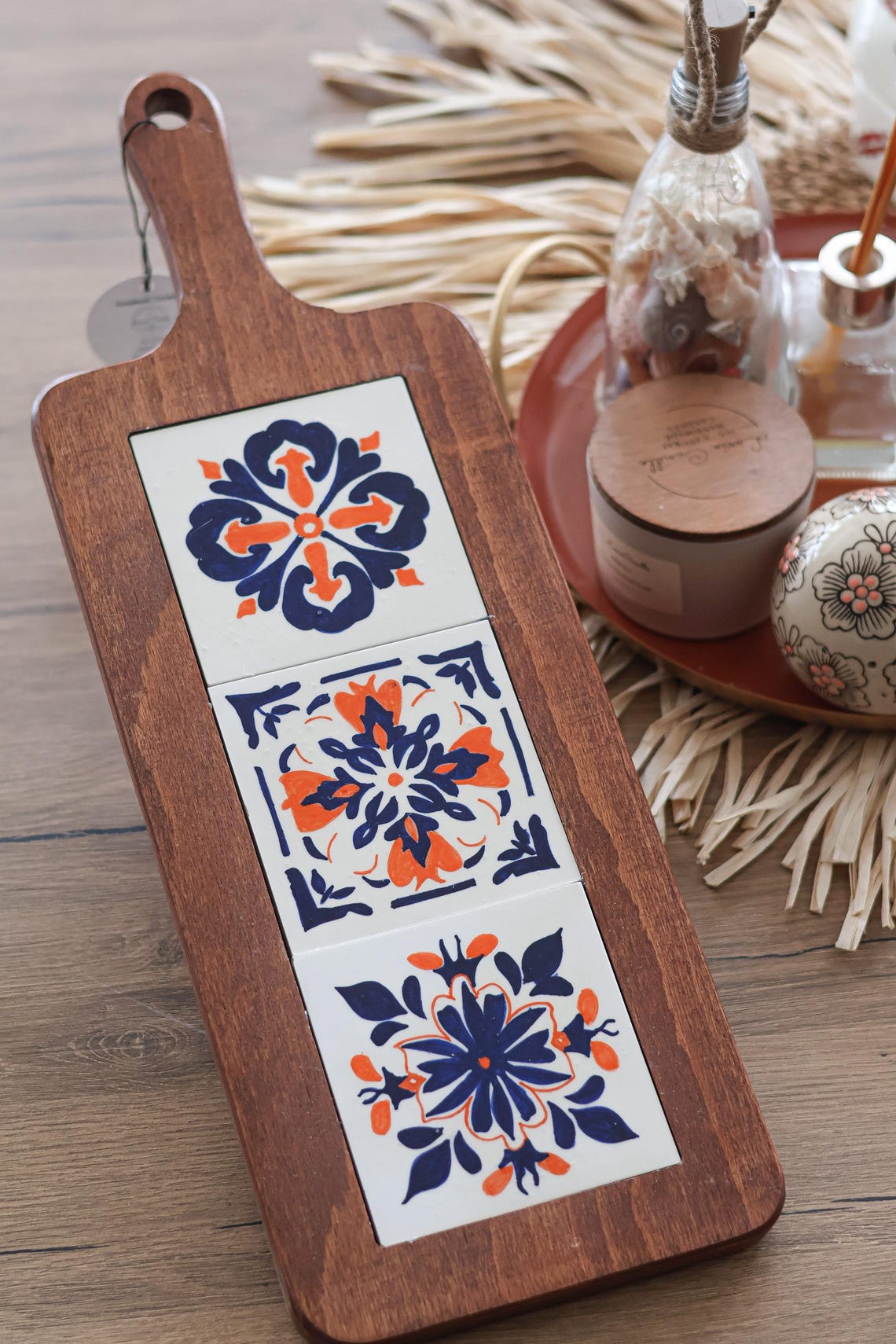 Handcrafted Wooden Serving Tray With Blue&orange Colored Ceramic Tile ...