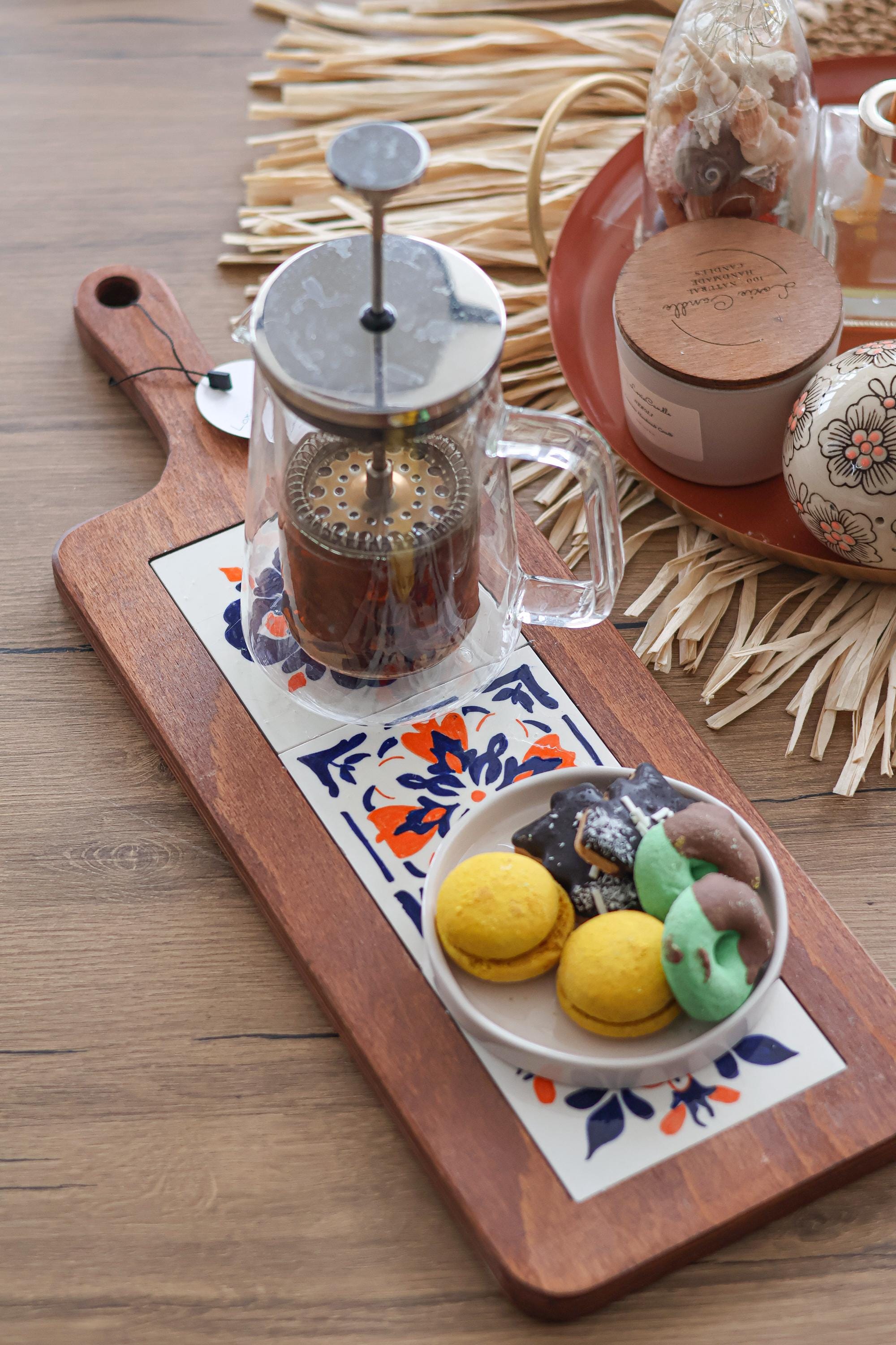 Handcrafted Wooden Serving Tray With Blue&orange Colored Ceramic Tile ...
